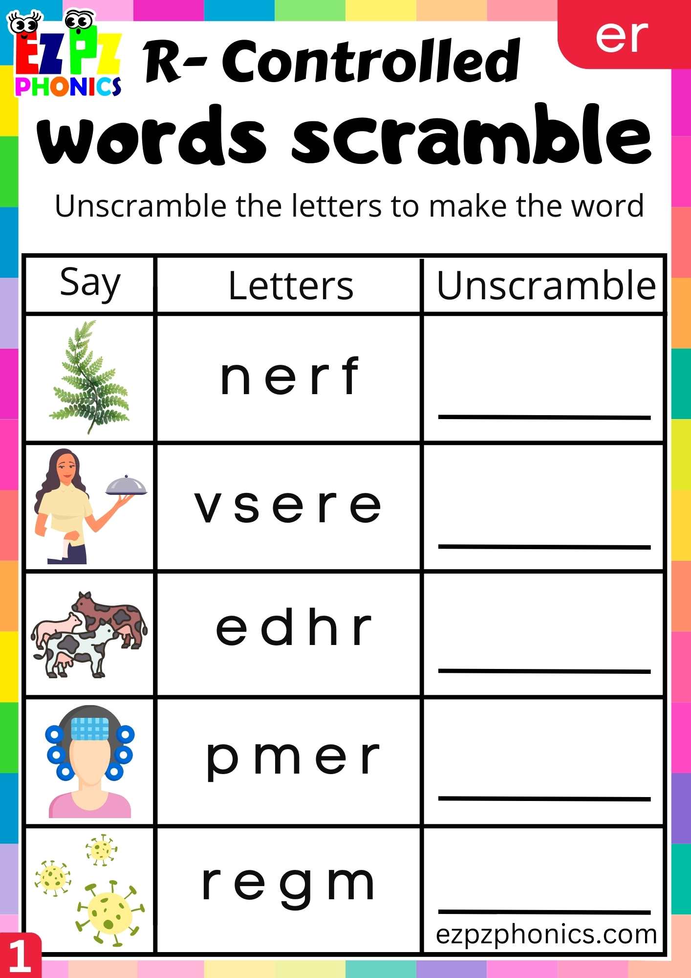 Word scramble activity for er words R controlled vowels phonics group 1 - ezpzphonics.com